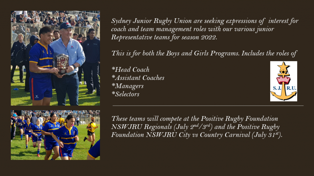 SJRU Rep Coaching Positions 2022 – Sydney Junior Rugby Union